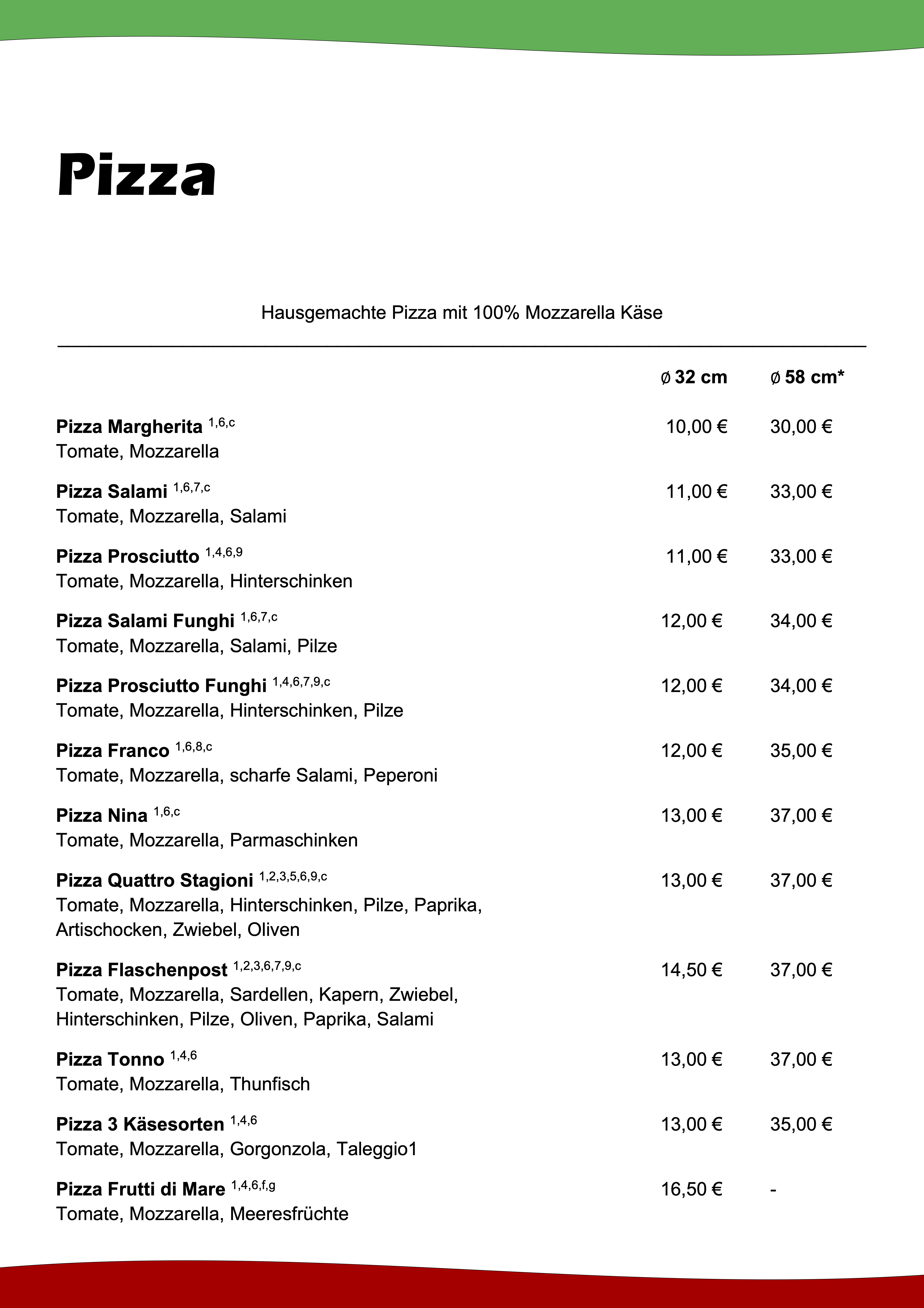Unsere Speisekarte wie in Italien mit Pizza, Pasta, Antipaste und mehr