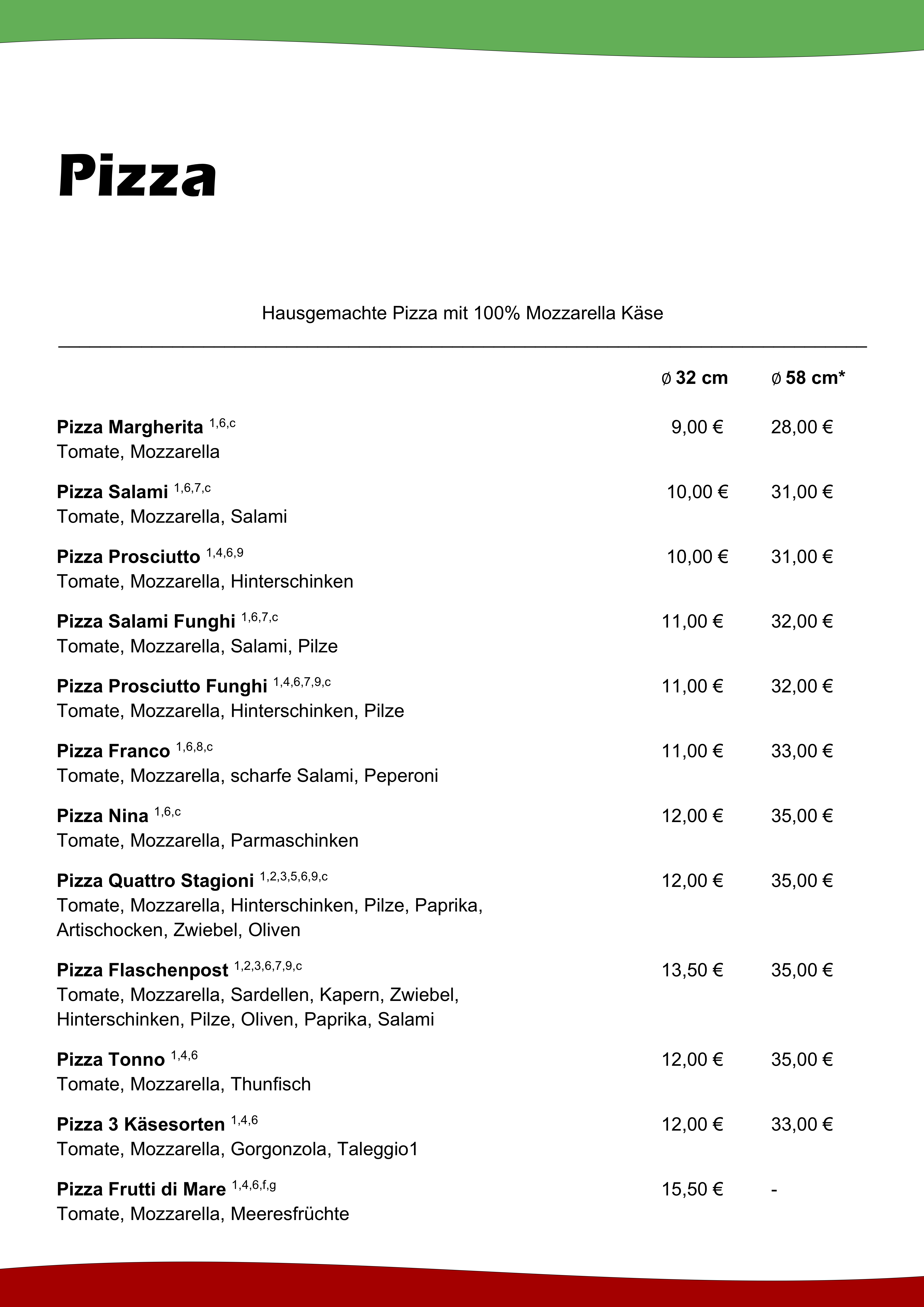 Unsere Speisekarte wie in Italien mit Pizza, Pasta, Antipaste und mehr
