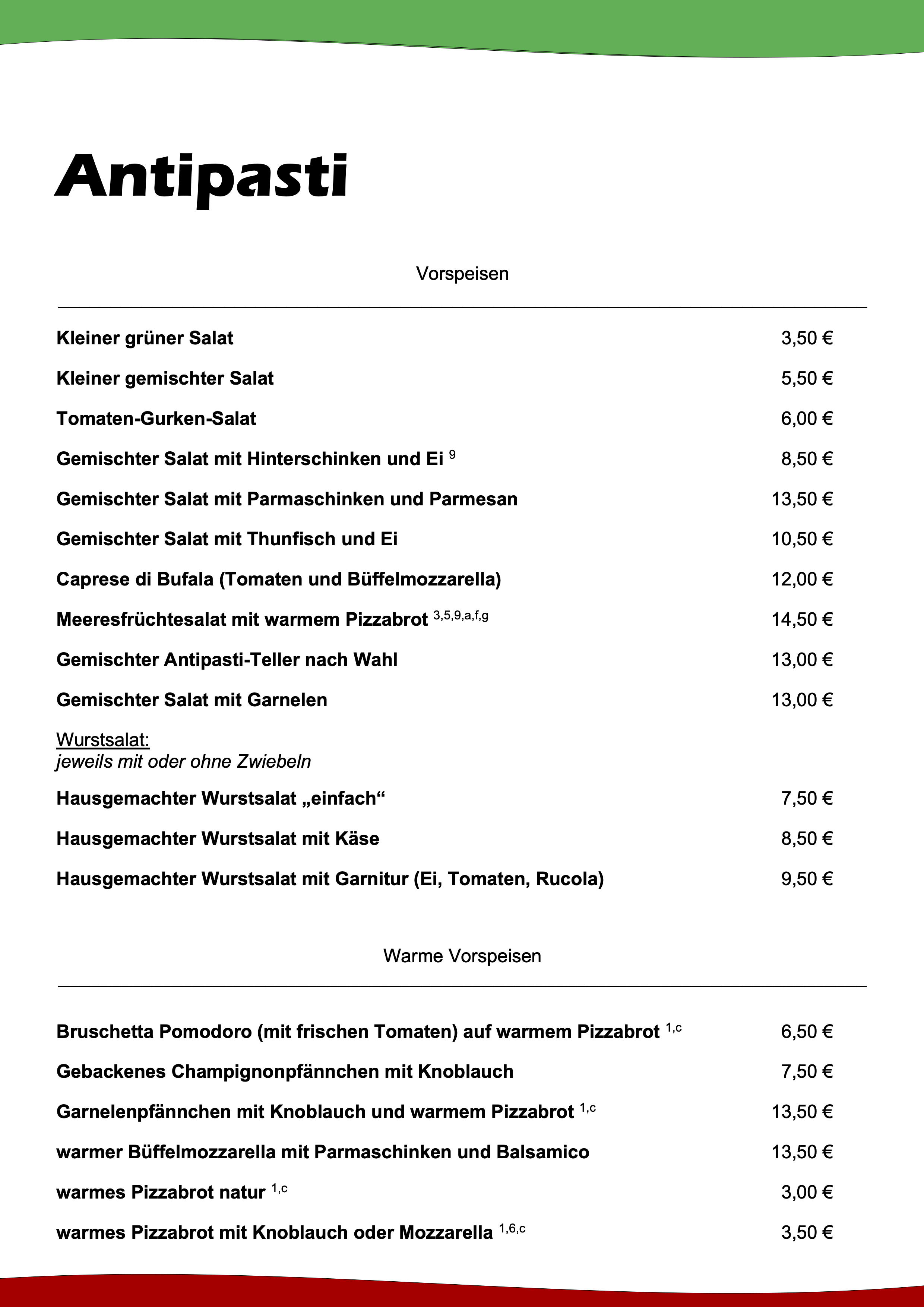 Unsere Speisekarte wie in Italien mit Pizza, Pasta, Antipaste und mehr
